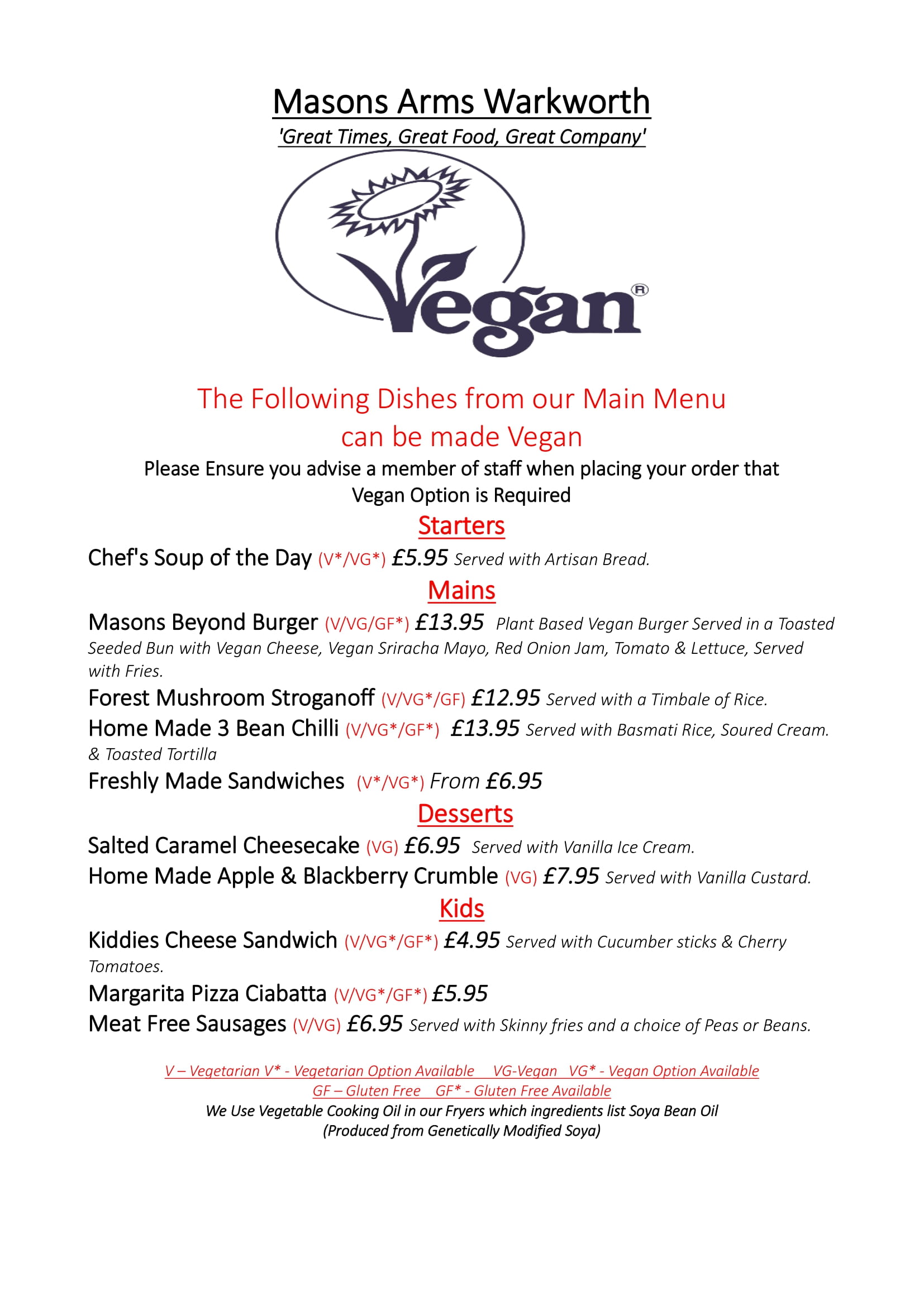 Vegan Menu